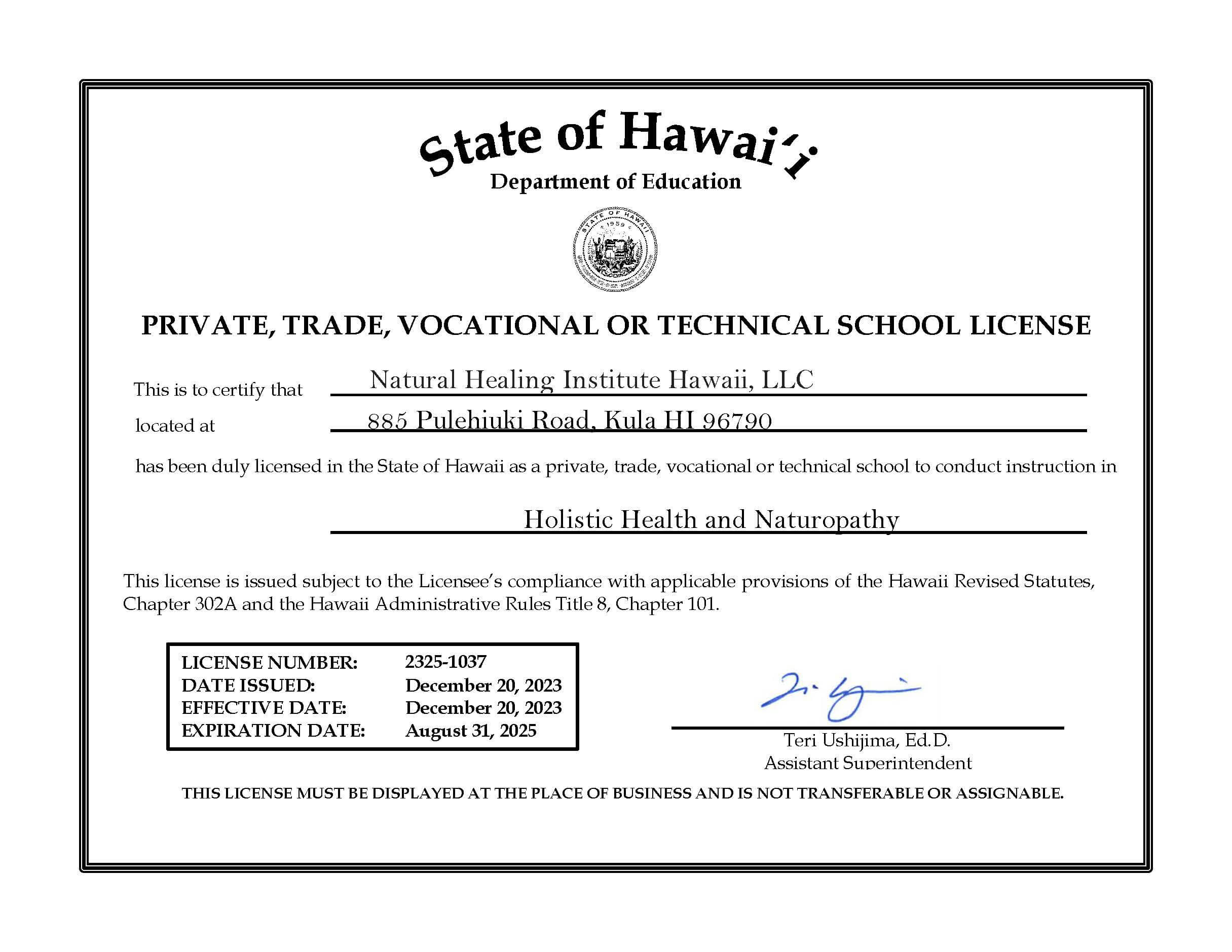 Accreditation & Licensing - Natural Healing Institute Hawaii, LLC